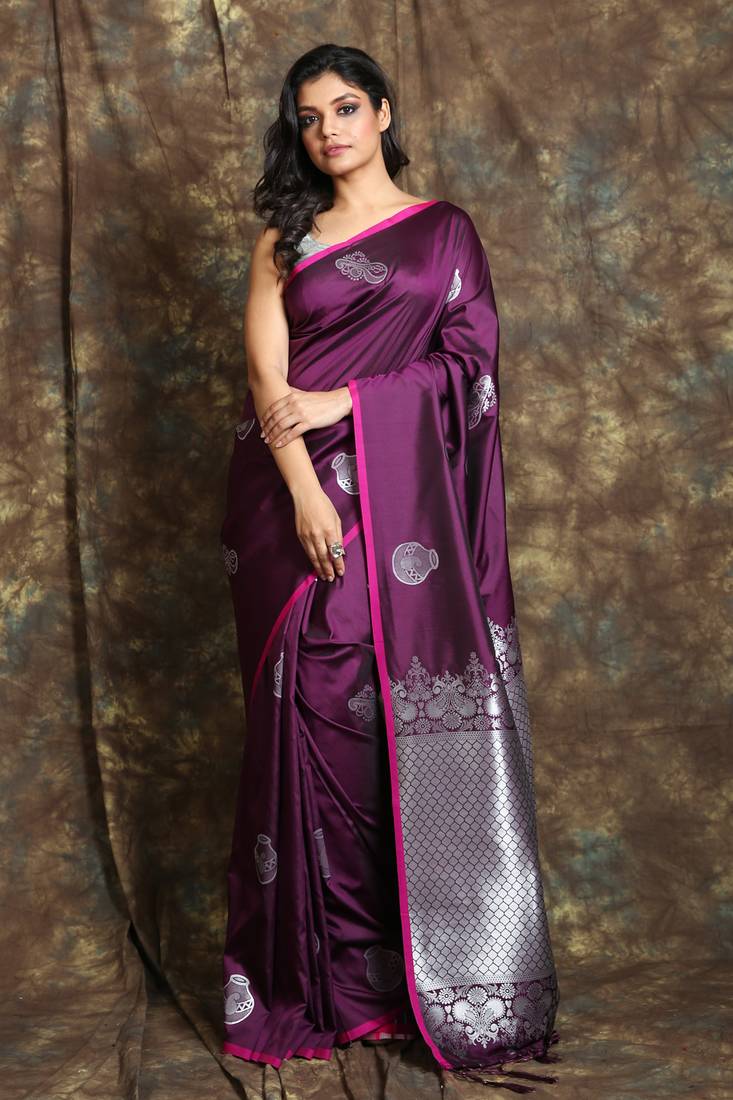 Dark Plum silk sarees with silver zari butta work - IN WEAVE - 3558725