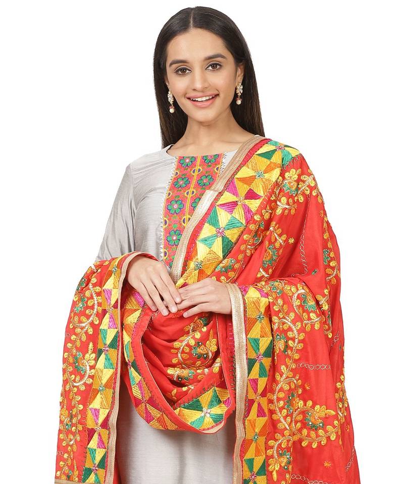 Gray Multi Colored Straight Kurti with Straight Pants and Phulkari ...