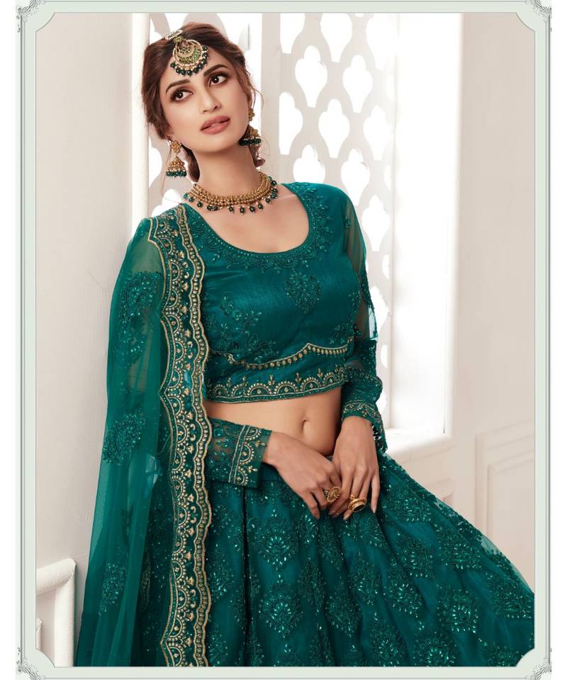Green- Net Lehenga Choli coding Tread Badla Embroidery and stone work ...