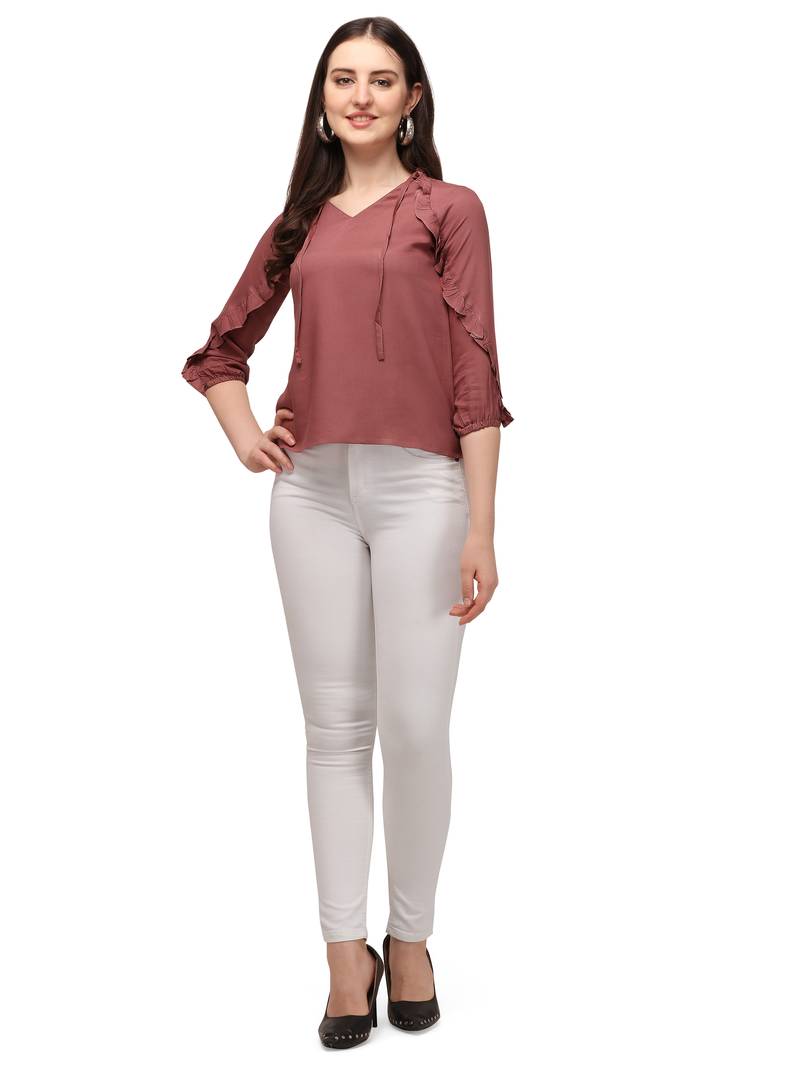Rust Red Solid Rayon Ruffled Women's Western Top - VINAY AND GAURAV ...