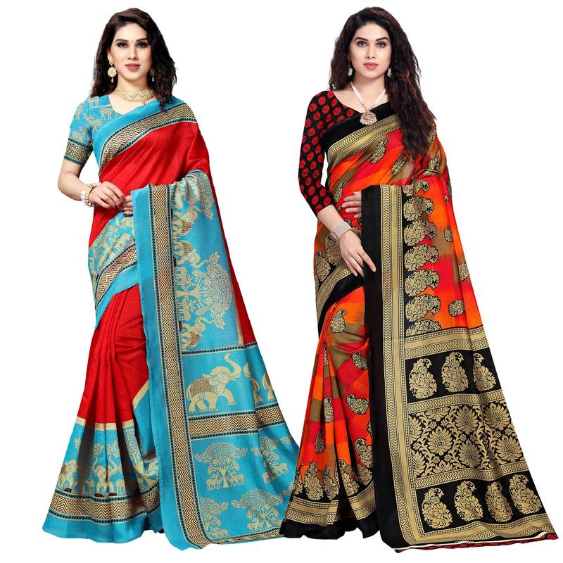 multicolor printed art silk saree with blouse combo pack of 2 saree ...
