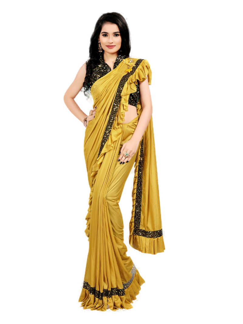 Yellow plain rayon saree with blouse - Shraddha Sarees - 3584068