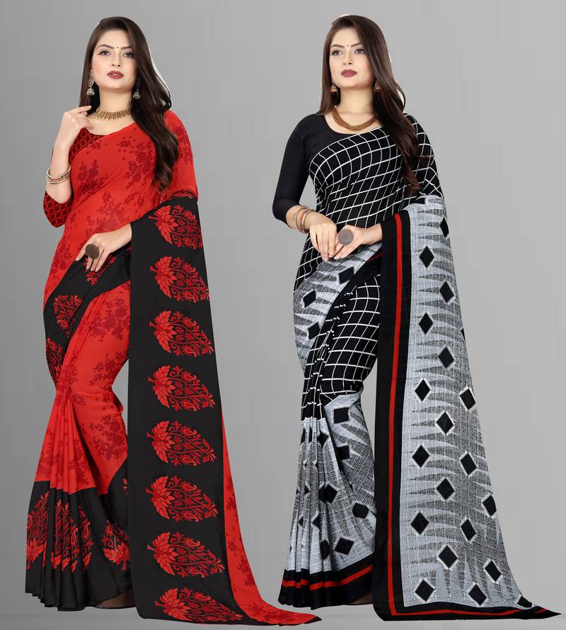 multicolor Georgette Printed Daily Wear Saree With Blouse (Pack of 2 ...