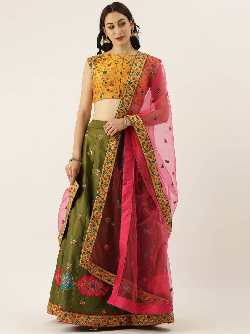 Mehendi Color Satin Silk A-line Semi-Stitched Lehenga & Unstitched ...
