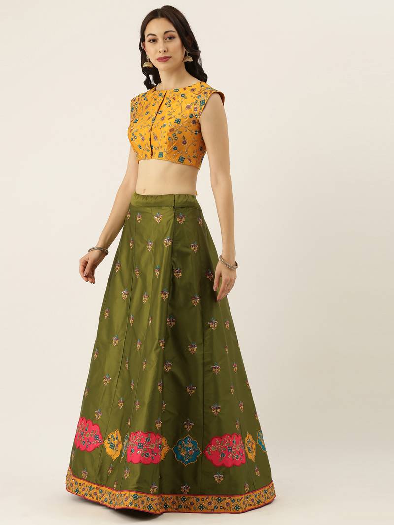 Mehendi Color Satin Silk A-line Semi-Stitched Lehenga & Unstitched ...