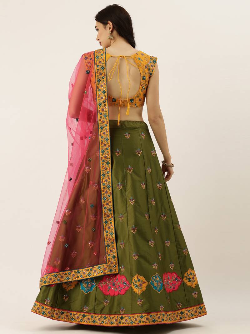 Mehendi Color Satin Silk A-line Semi-Stitched Lehenga & Unstitched ...