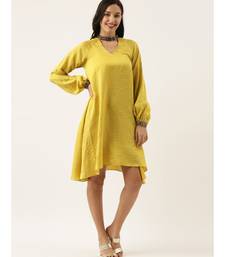 Yellow Collar Neck Silk Dress - MAYANK MODI FASHIONS - 3594113