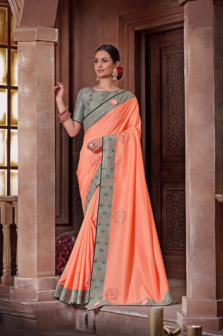 Peach Poly Silk Heavy Embroidered Work Designer Saree - Indian Women ...