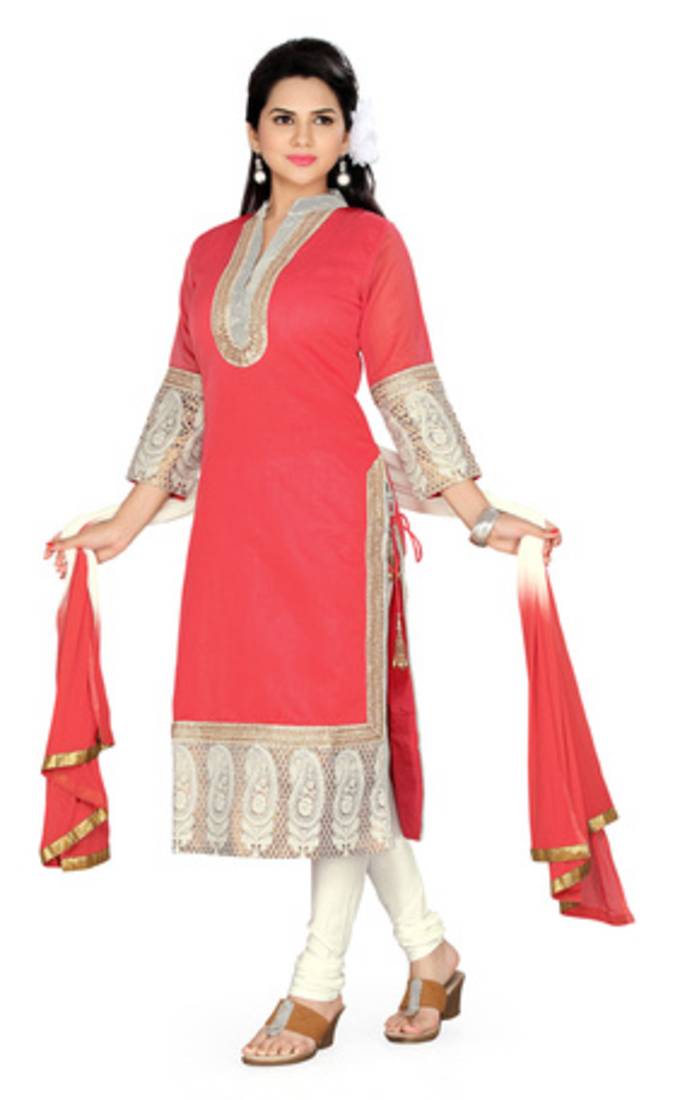 Red Cotton Silk Straight Churidar Suit - Charu Boutique - 516395