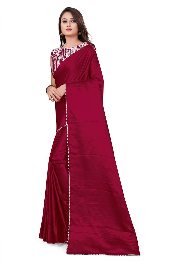 Maroon plain satin saree with blouse - IRIS - 3605053