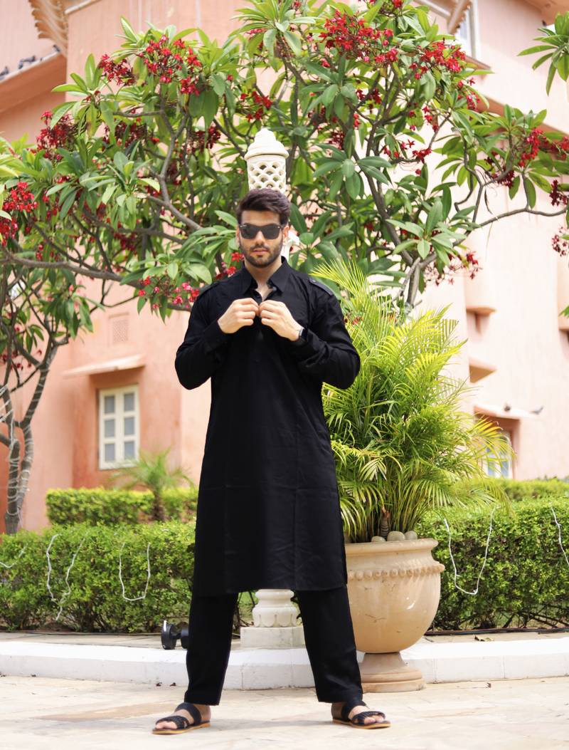 Black plain fancy fabric pathani-suits - SHILPA CREATION - 3606125