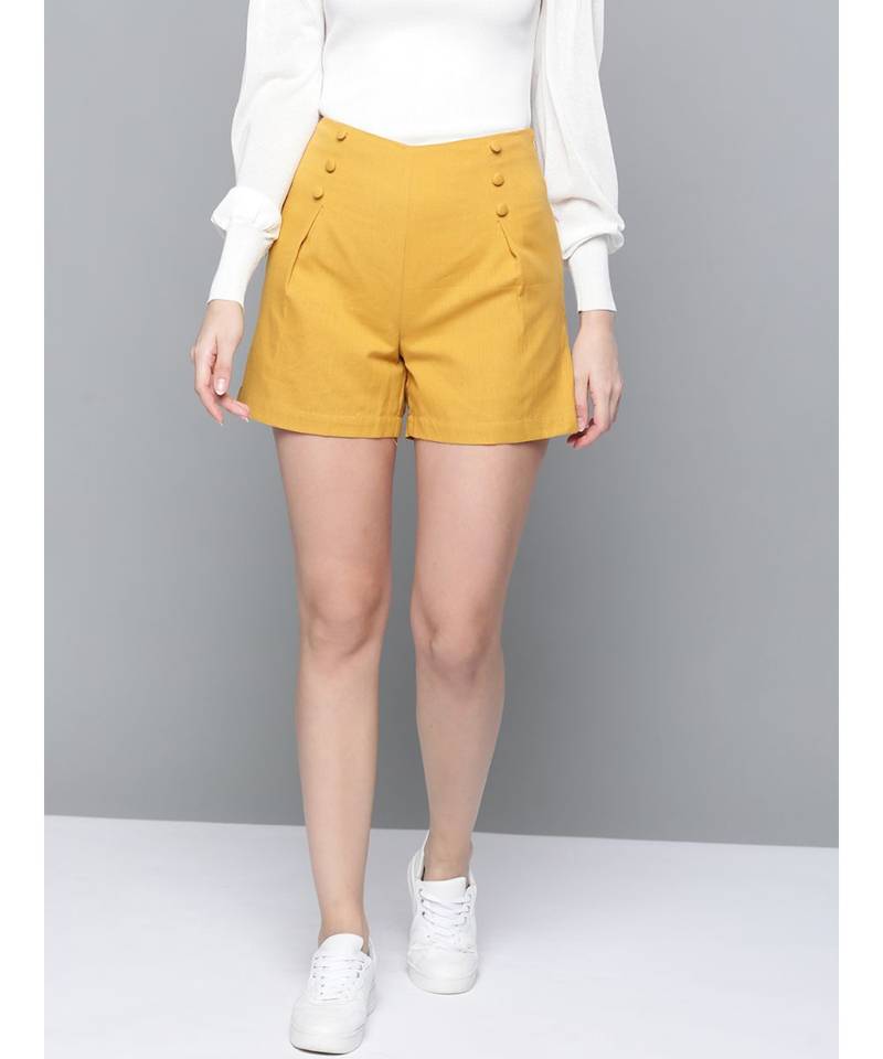 Mustard Front Button Shorts - SASSAFRAS - 3608931