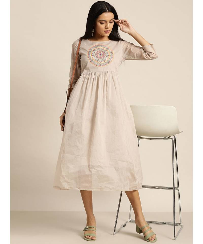 Taupe Embroidered Organdy Dress - SASSAFRAS - 3609137