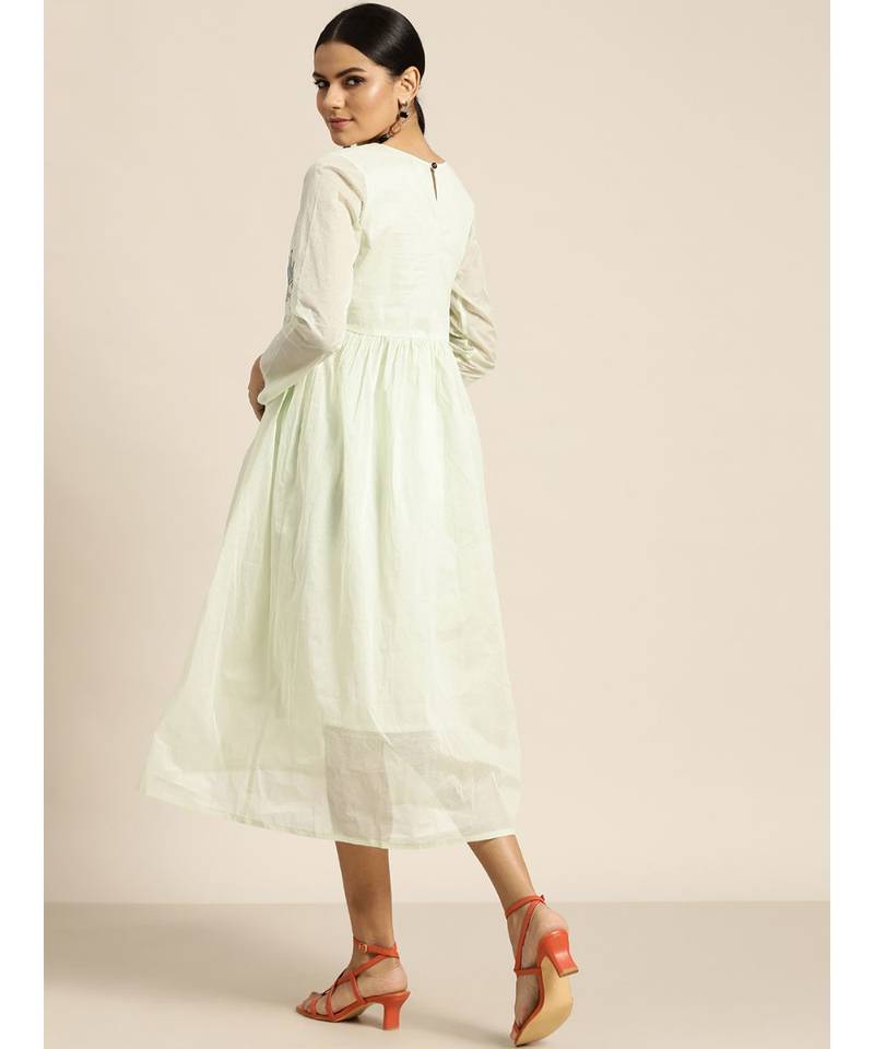 Pista Green Floral Embroidered Organdy Dress - SASSAFRAS - 3609139