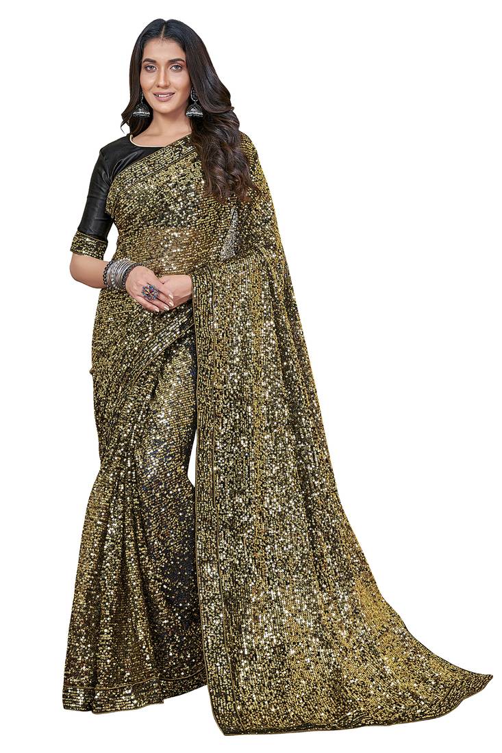 Gold embroidered net saree with blouse - Granthva Fab - 3625334