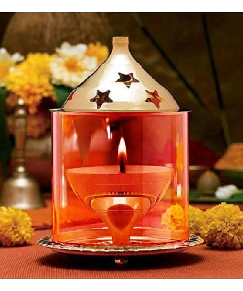 Pure Brass and Orange Glass Akhand Diya Golden Pooja Oil Lamp 4.8 inch ...