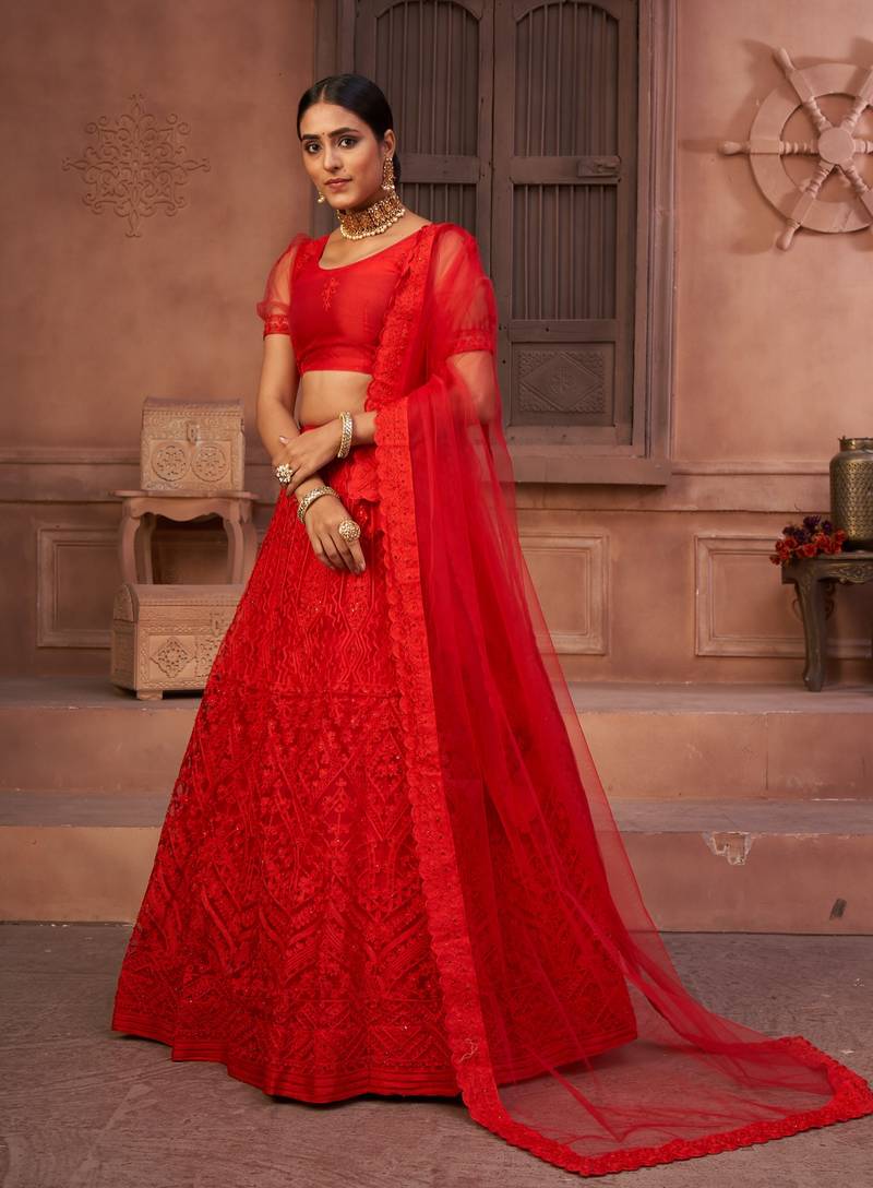 party wear red net lehenga choli with duptta - WARTHY ENT - 3657670