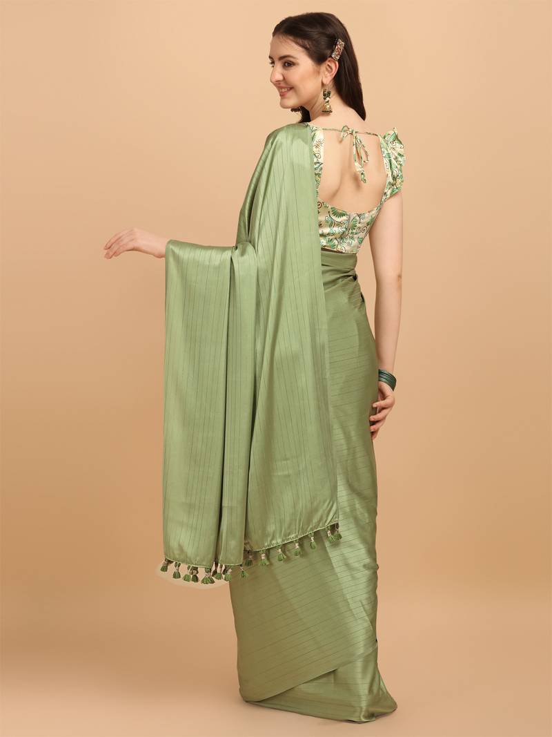 Green Color Satin Silk Stripes Tassels Designer Saree With Digital ...