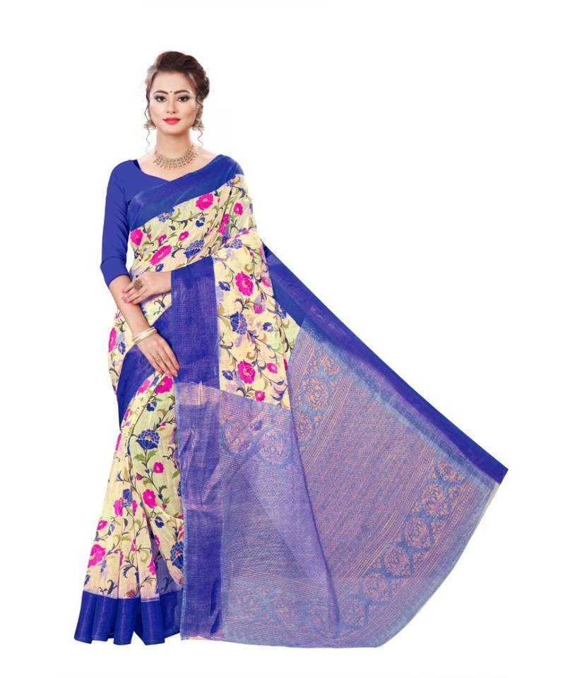 Dark Blue Colour Flower Printed Saree with blouse - Sharda Creation ...