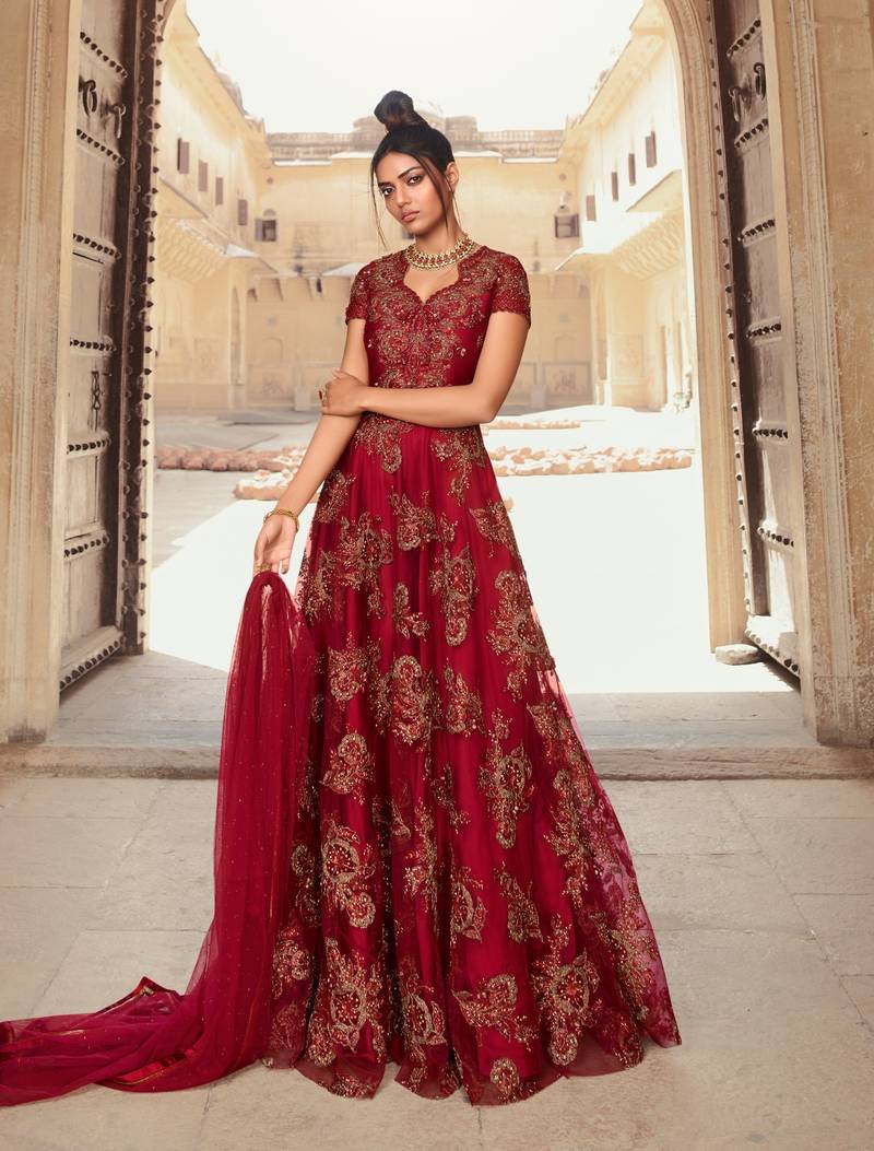 Maroon Soft Net Embroidered Platted Anarkali style suit - JIYA - 3672806
