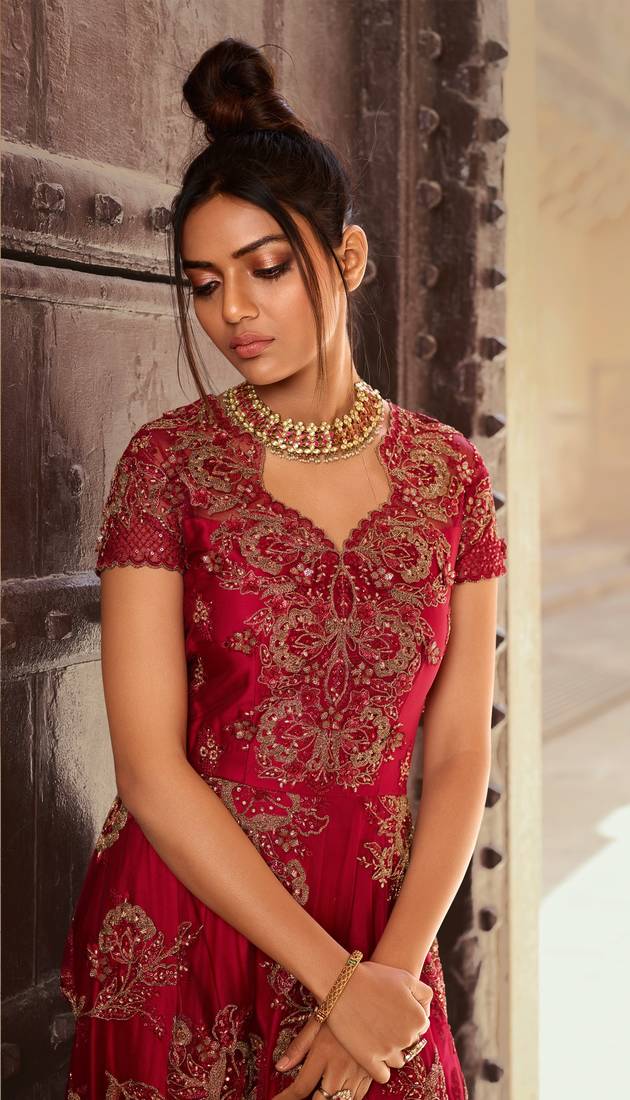 Maroon Soft Net Embroidered Platted Anarkali style suit - JIYA - 3672806