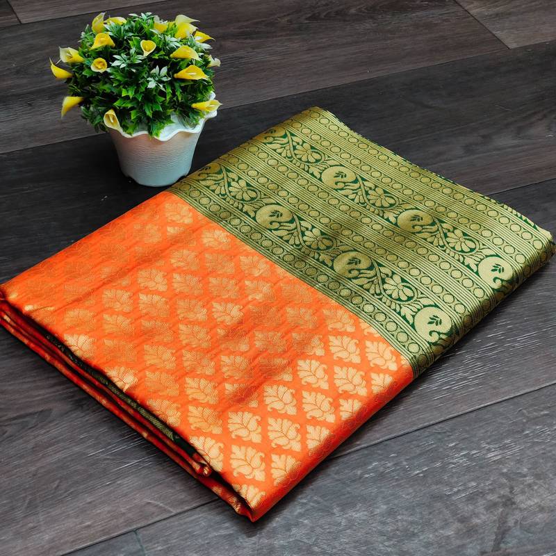 Stylish Orange Parrot Banarasi Silk Contrast Color Matching Saree with ...
