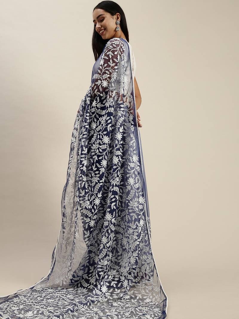 Blue Ari Wark Net Bollwood Saree With Blouse - IRIS - 3683688