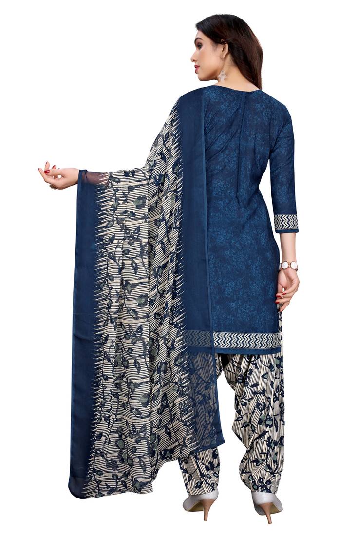 Dark-blue printed crepe salwar - Satrani Fashion - 3684331