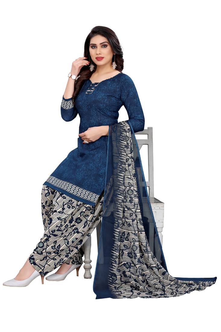 Dark-blue printed crepe salwar - Satrani Fashion - 3684331