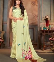 Yellow printed satin saree with blouse - Lilots - 3686901