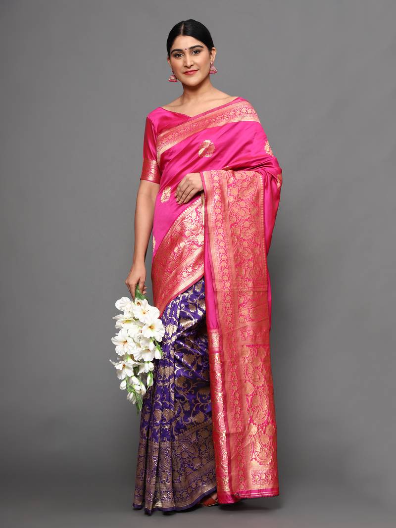 Milano Pink silk blend saree with blouse - Glemora - 3688596