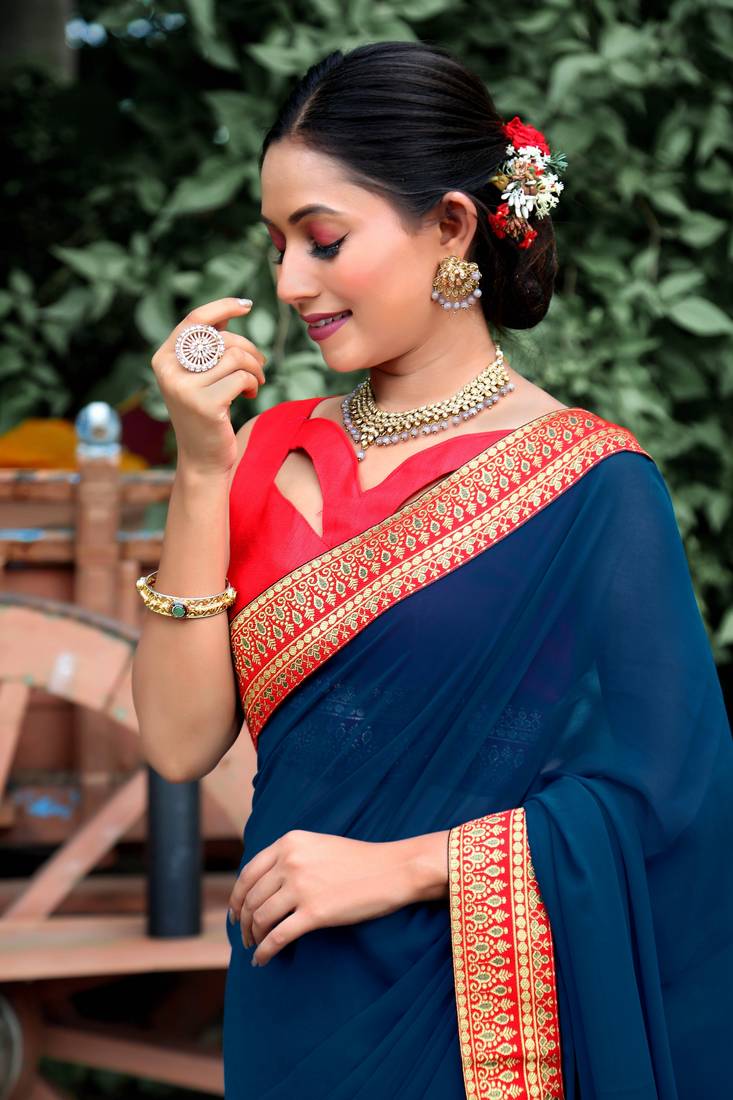 Blue Shade Jacquard Lace Georgette Soft saree - 61&7NX - 3693705