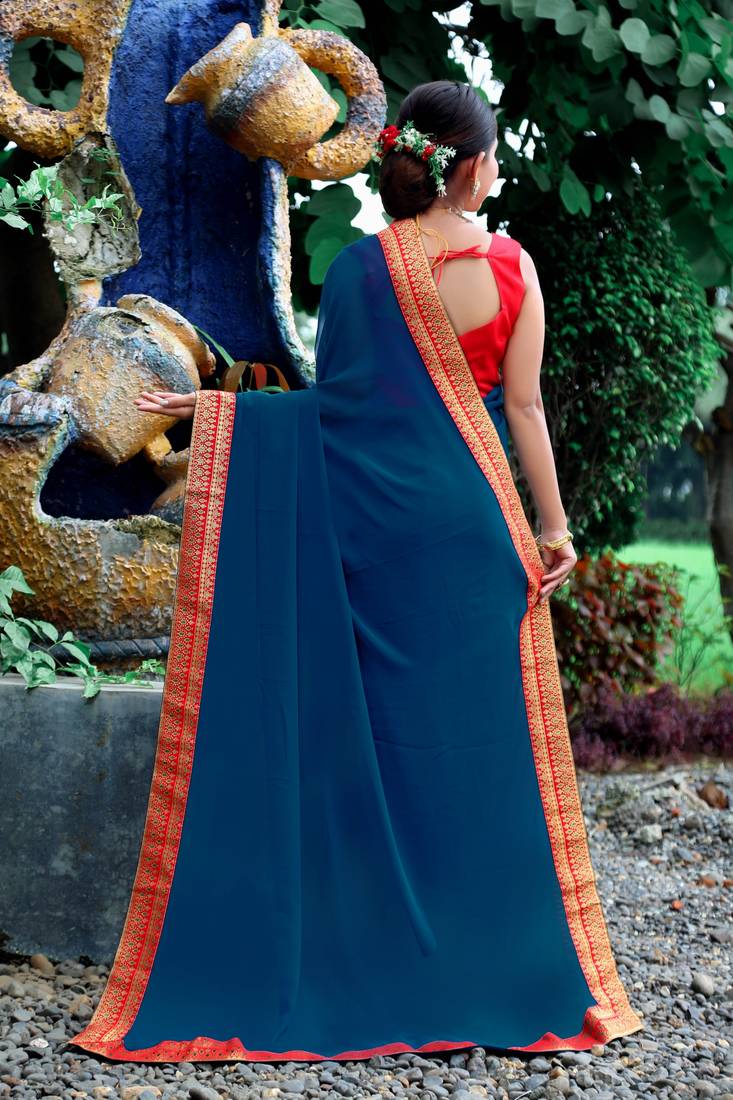 Blue Shade Jacquard Lace Georgette Soft saree - 61&7NX - 3693705