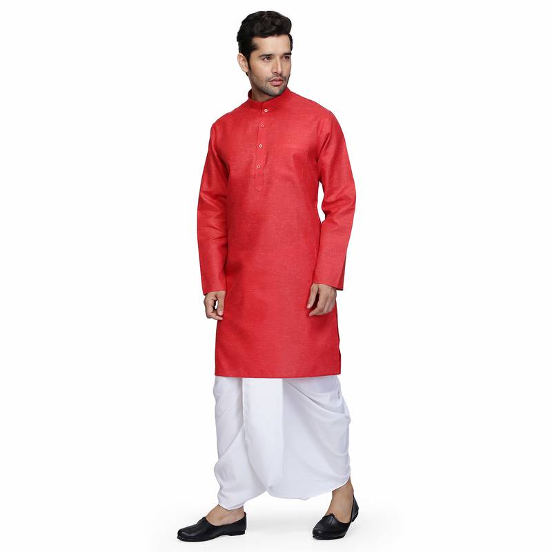 Red cotton plain stitched kurta & dhoti - Royal Kurta - 3697447