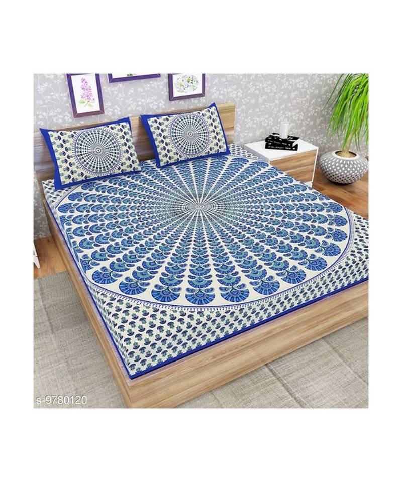 Blue Color Pure Cotton Queen Size Bedsheet mor pankh blue - PINK CITY ...
