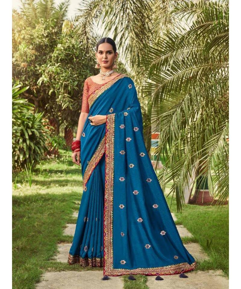 Sanjh Petrol blue colour barfi silk embroidered saree - Nakkashi - 3700227