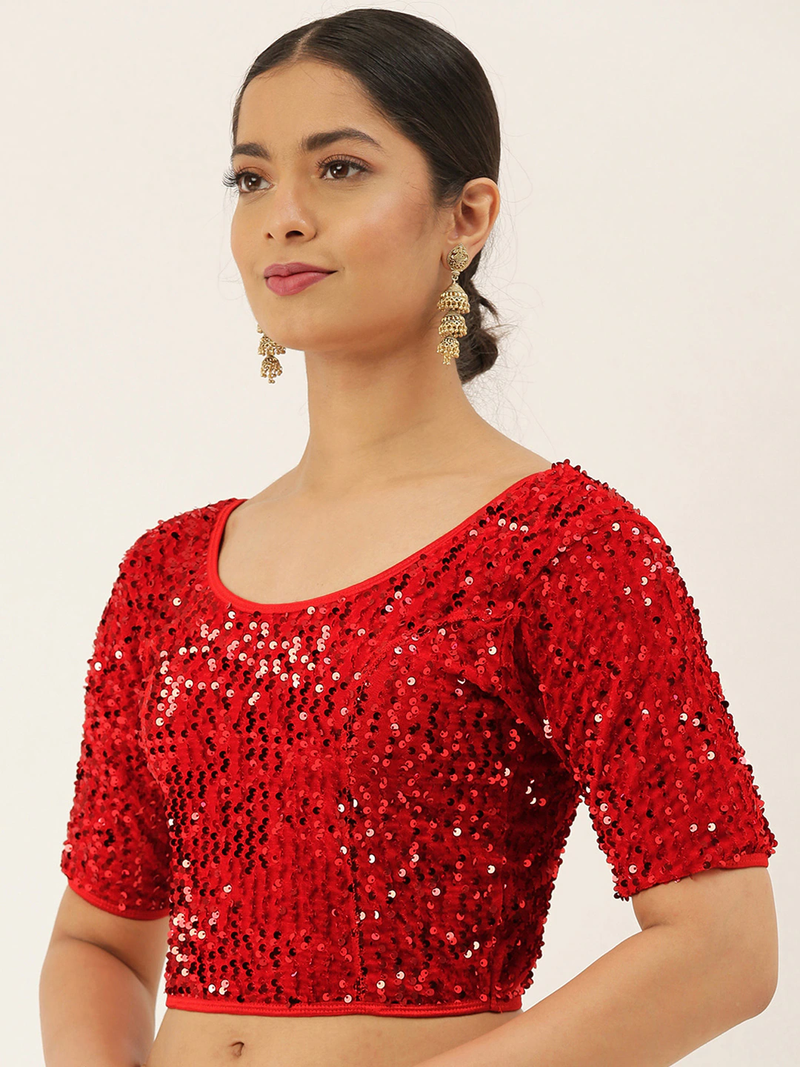 VASTRANAND Women Red-Coloured Solid Stretchable Embellished Sequence ...