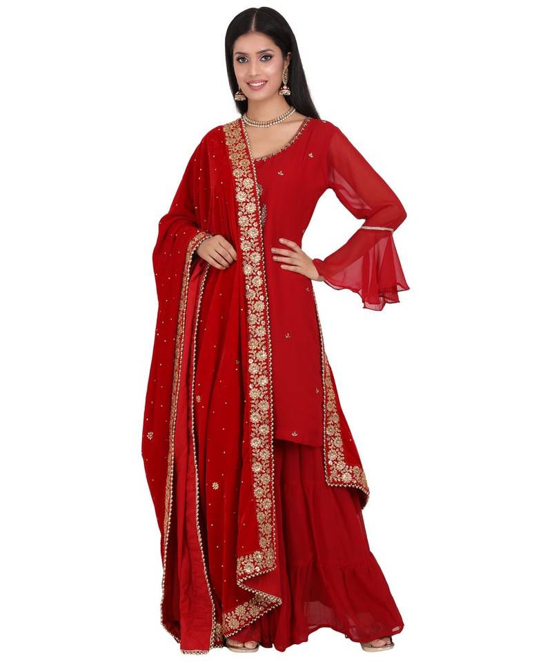 Bridal Red Floral Embroidered Velvet Dupatta - RangDesi Dupatta - 3710696