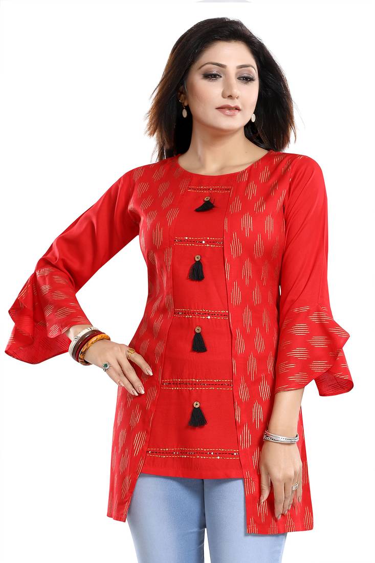 Red printed rayon short-kurtis - Saree Swarg - 3712733