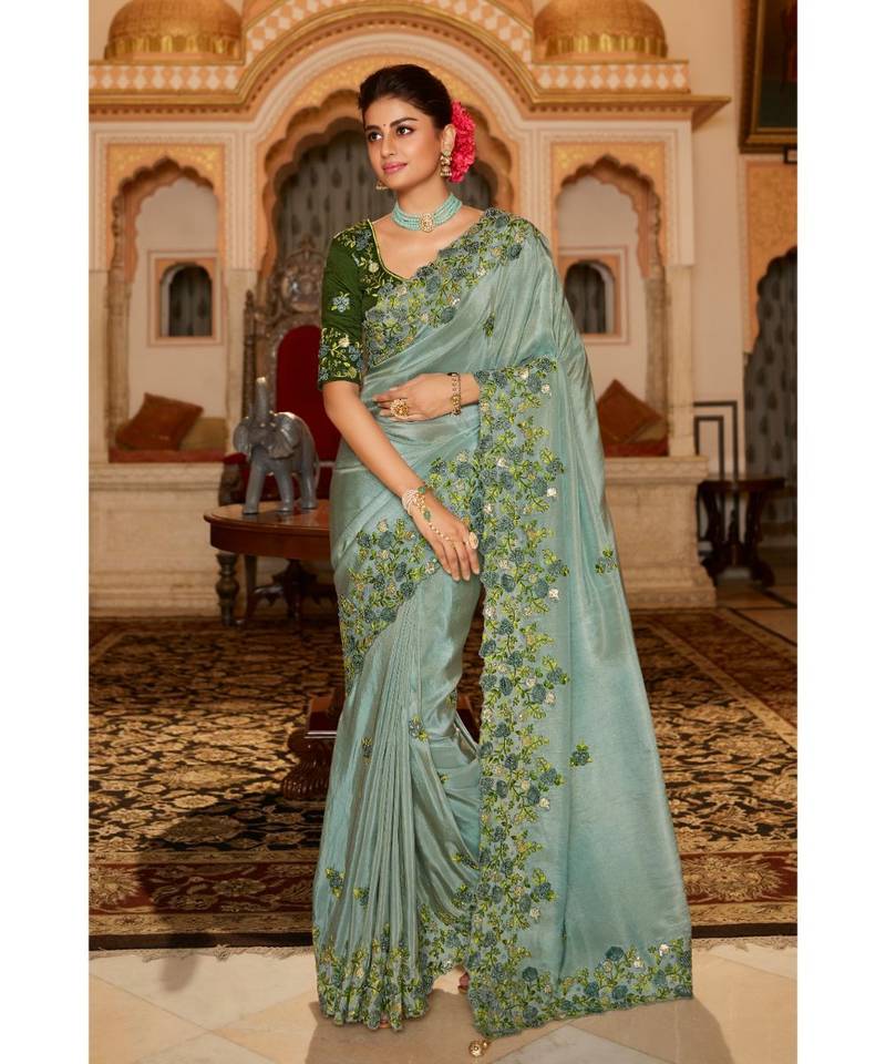 Sea Green embroidered Viscose with golden smoke Festival wear saree ...