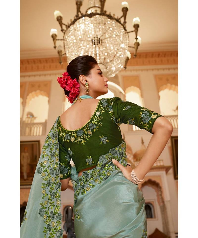 Sea Green embroidered Viscose with golden smoke Festival wear saree ...
