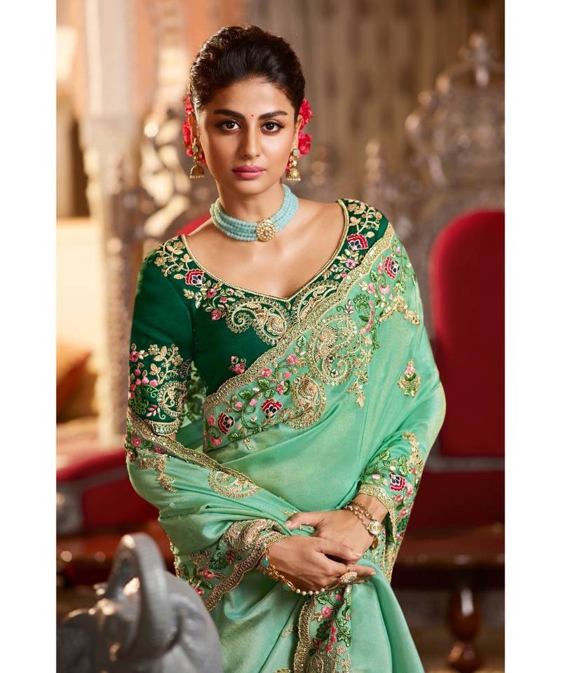 Tuquoise embroidered Viscose with golden smoke Festival wear saree with ...