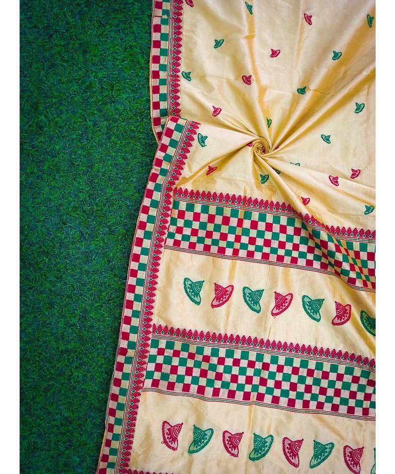 Beige Pure Paat Mulberry Assam Silk Saree with Red and Green Motifs ...