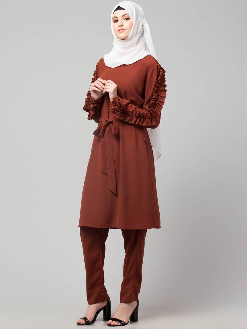 Stylish Rust Tunic With Trouser & A Belt Co-ord Set - Mushkiya - 3720821