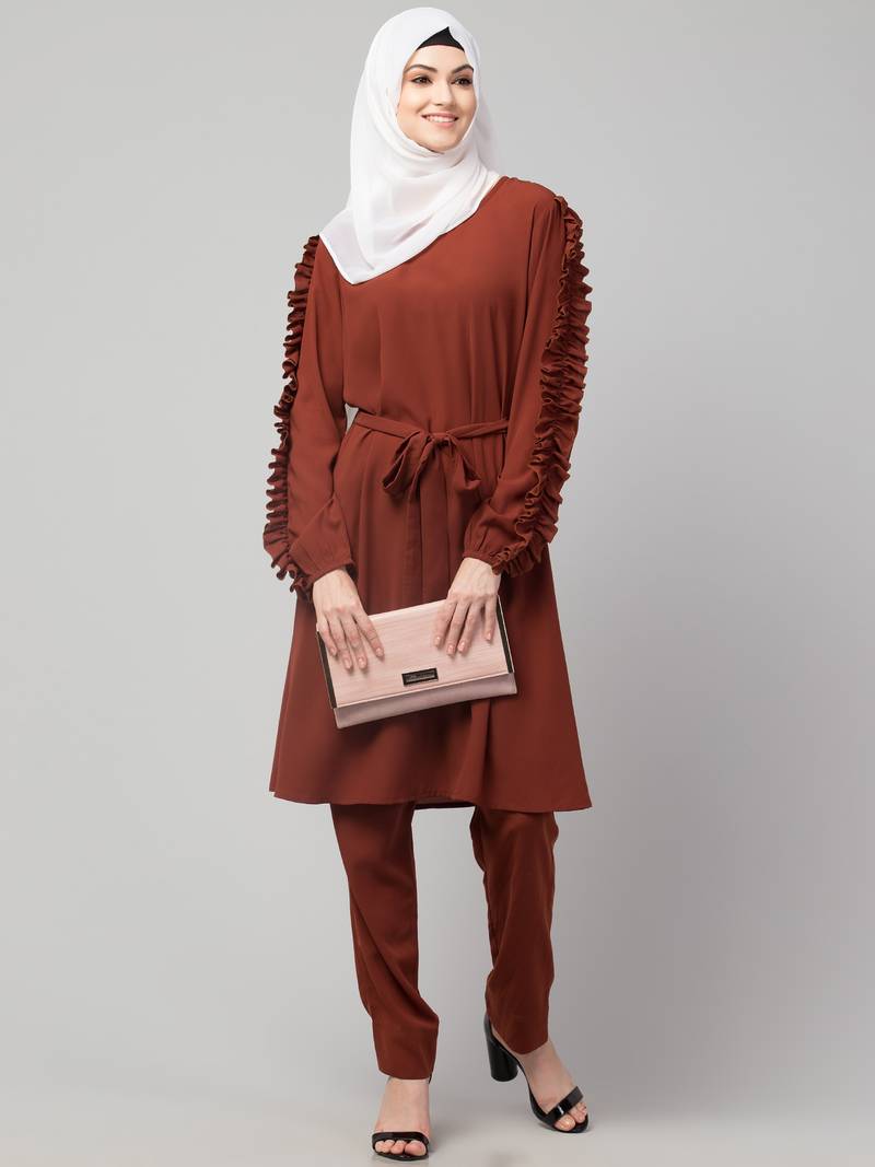Stylish Rust Tunic With Trouser & A Belt Co-ord Set - Mushkiya - 3720821