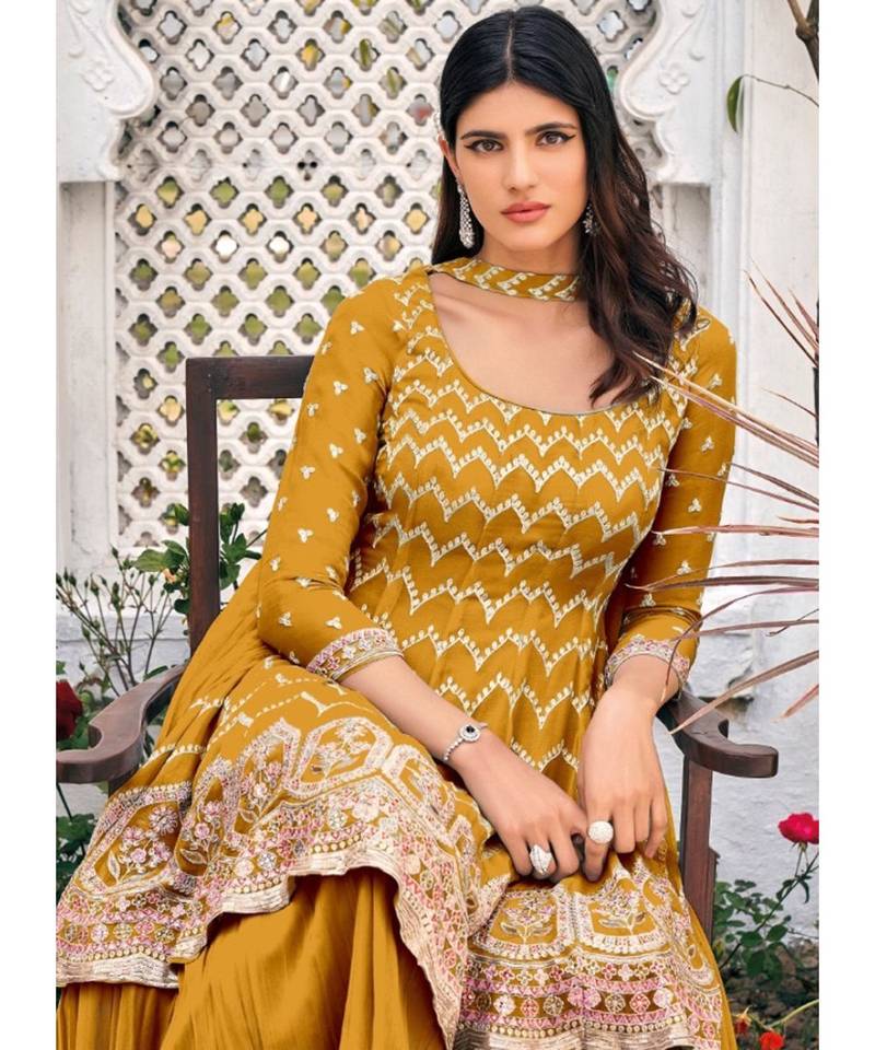 Ochre Yellow Embroidered Gharara Suit - Vasu Sarees - 3726597