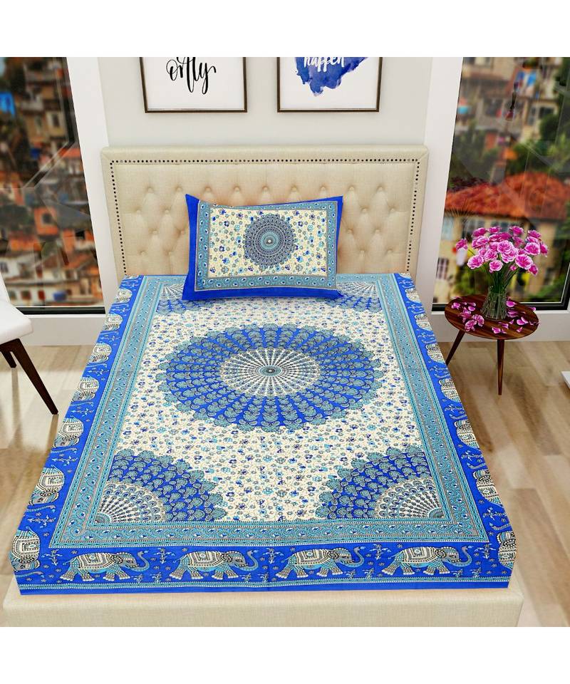 blue Color Pure Cotton Single size Bedsheet With Pillow Cover rangoli ...