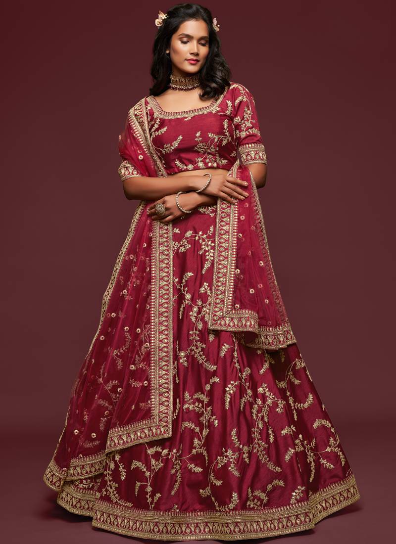 Maroon thread embroidery art silk semi stitched lehenga - Khushi ...