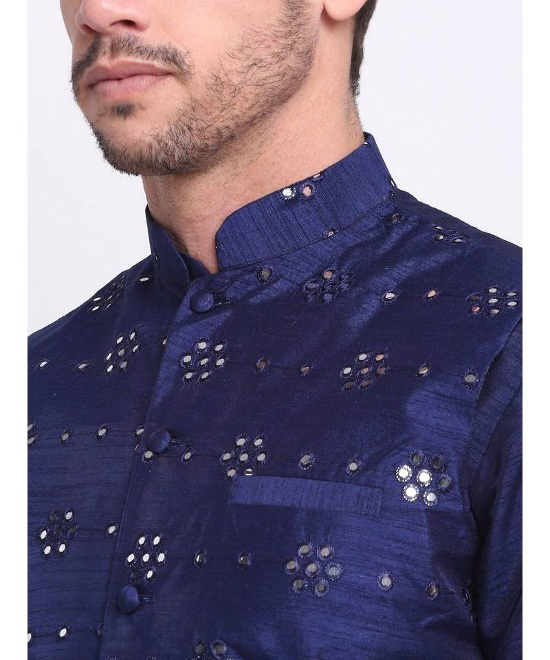 Men Navy Blue Silk Mirror Work Jacket - KRAFT INDIA - 3734237