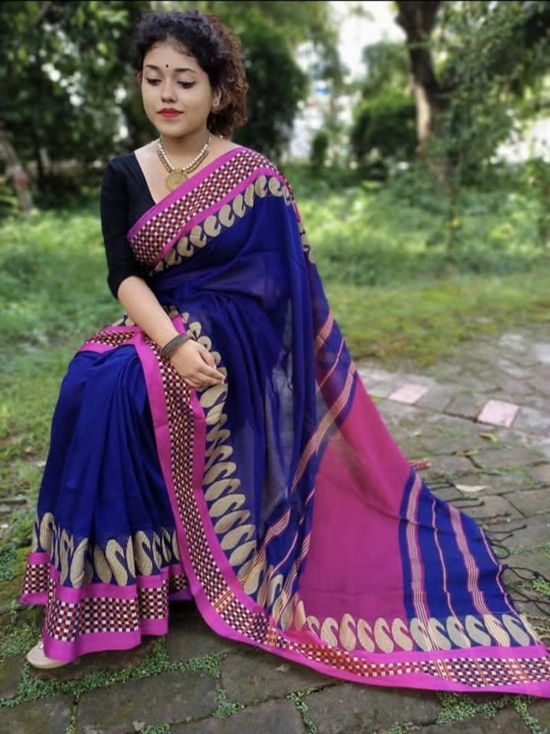 Mango Kalka Border Begompuri Saree - BISWAS HANDLOOM - 3737097